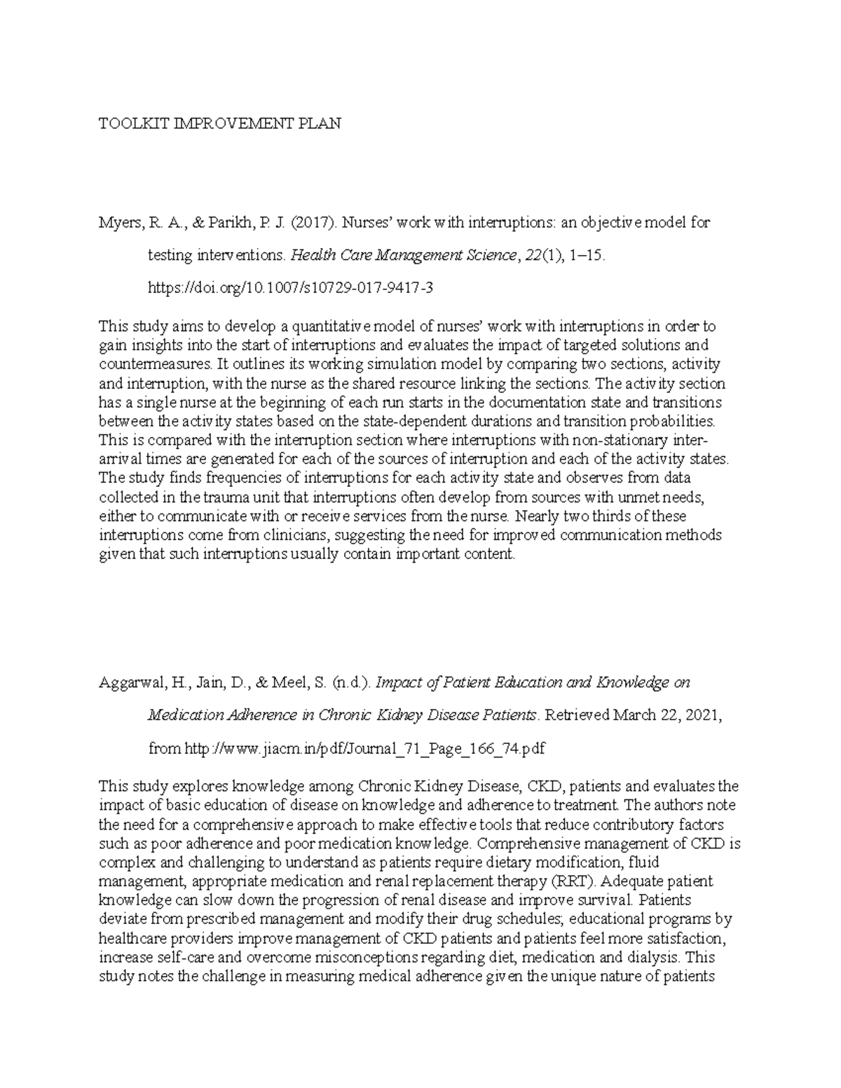 Improv PLAN Toolkit - TOOLKIT IMPROVEMENT PLAN Myers, R. A., & Parikh ...