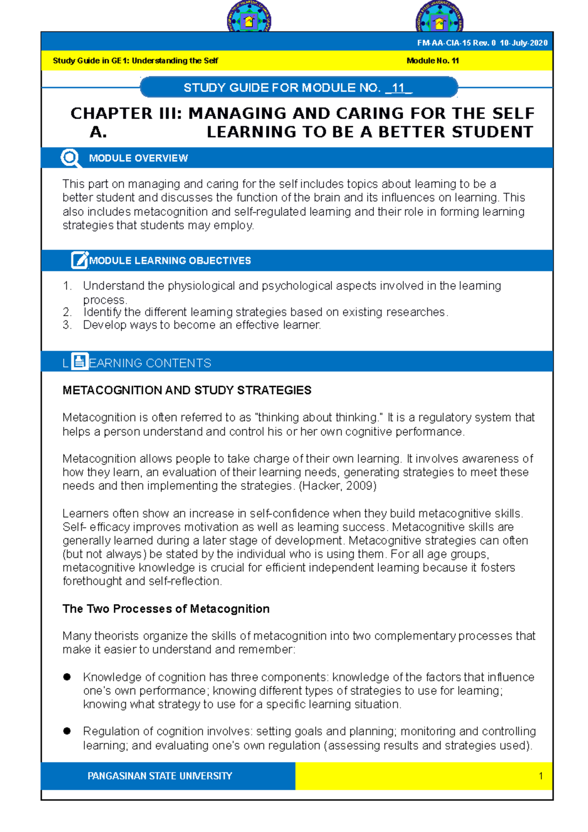 GE1-Module-12- Managing Self - CHAPTER III: MANAGING AND CARING FOR THE SELF A. LEARNING TO BE A ...