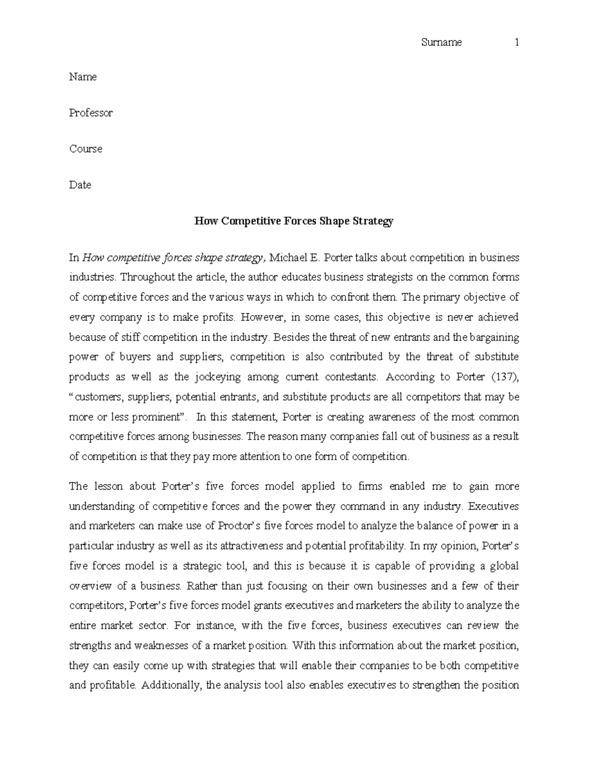 Competitive forces - Essay - Name Professor Course Date How Competitive ...
