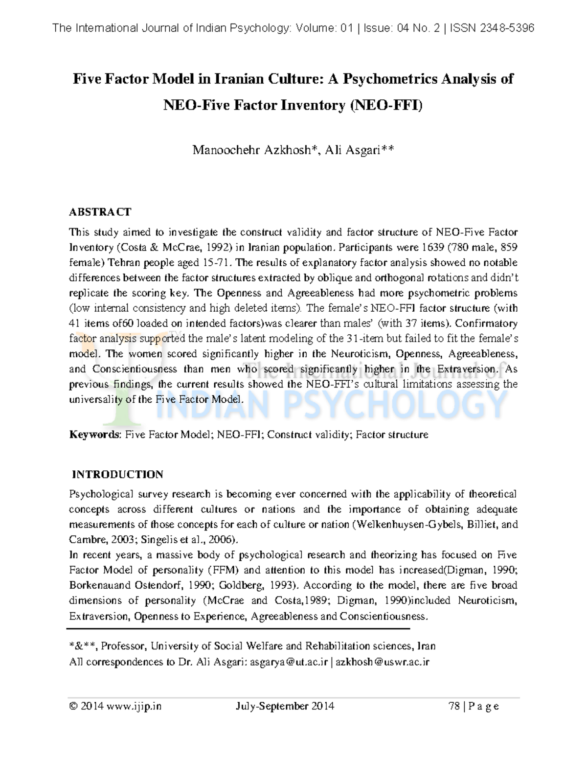 NEO FFI Iranian - mmm - Five Factor Model in Iranian Culture: A ...