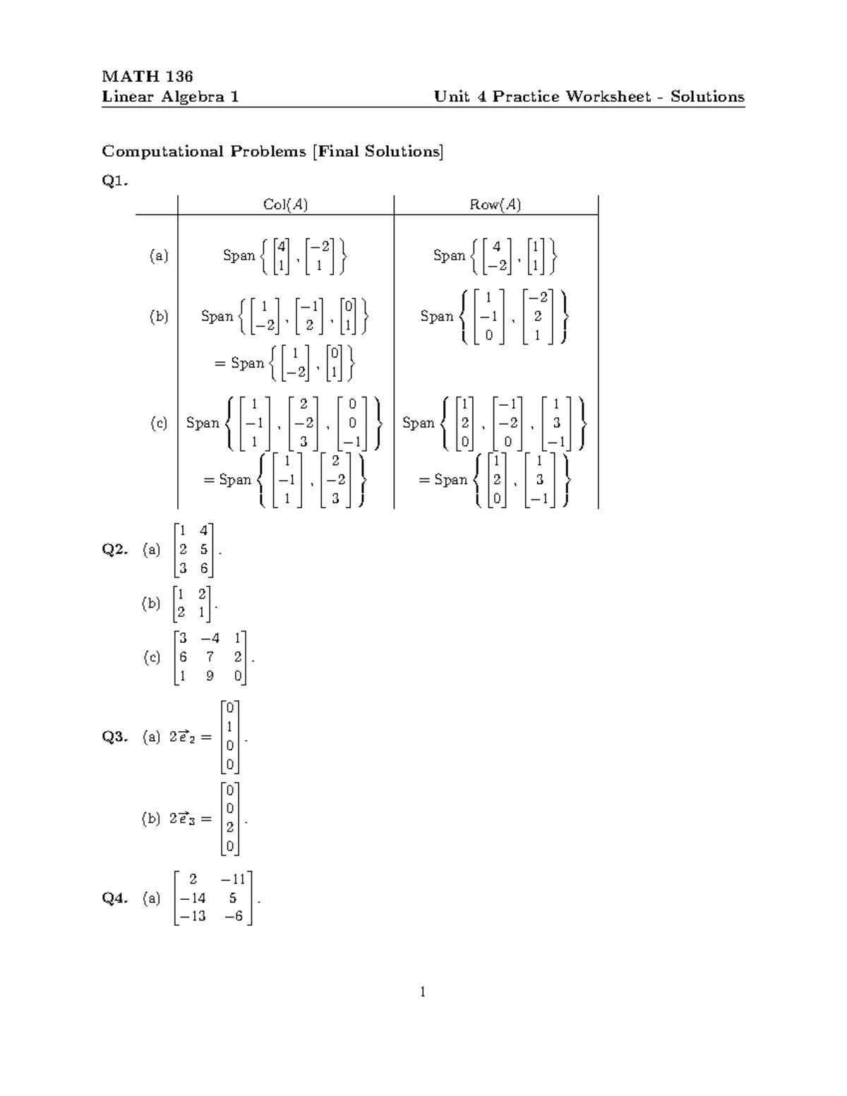 Unit 4 Practice Worksheet Solutions - MATH 136 Linear Algebra 1 Unit 4 ...