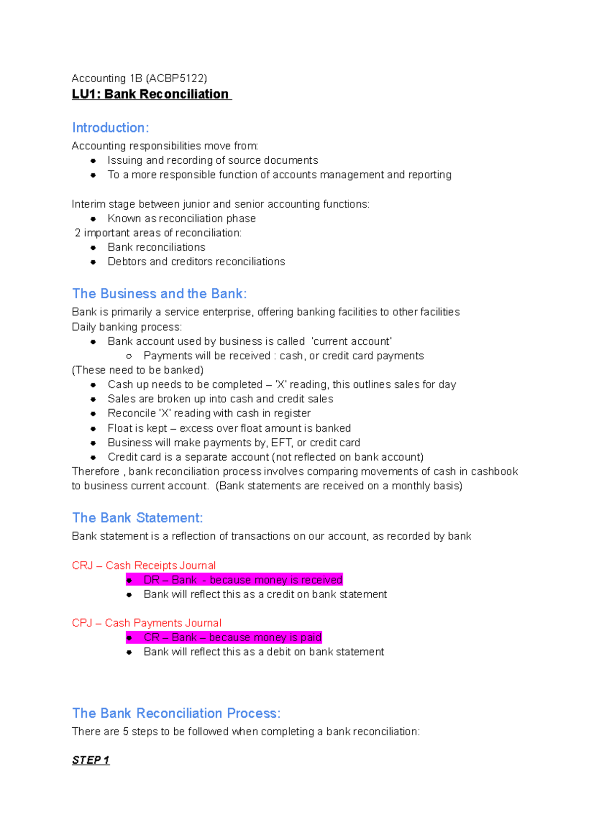 LU1- Bank Reconciliation Notes - Accounting 1B (ACBP5122) LU1: Bank ...