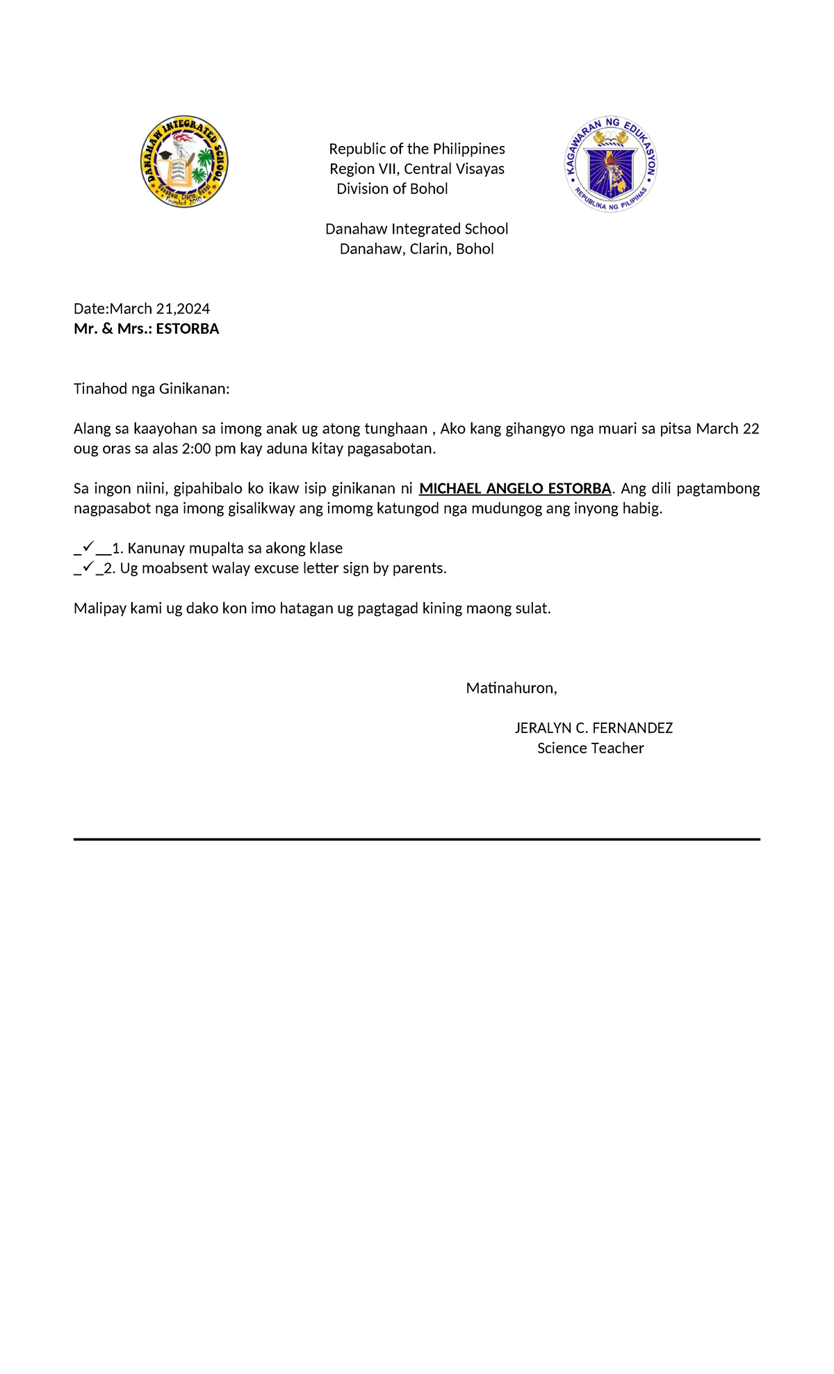 Guidance form (letter to parent) - Region VII, Central Visayas Division ...