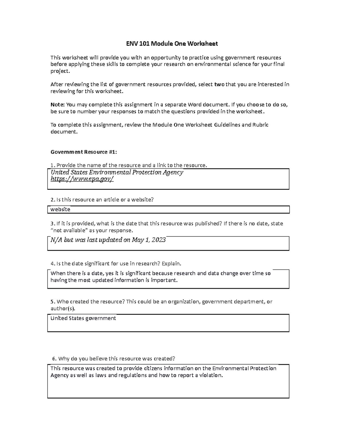 ENV 101 Module One Worksheet - ENV 101 Module One Worksheet This ...