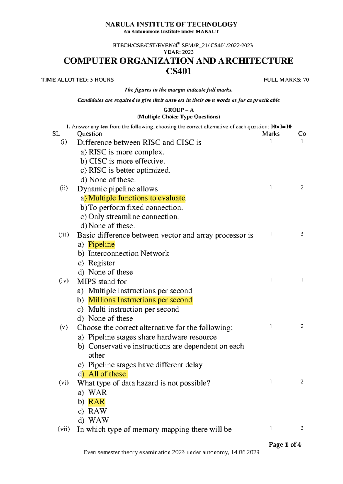 2023 COA - privous year qp - An Autonomous Institute under MAKAUT Page 1 of 4 BTECH/CSE/CST/EVEN ...
