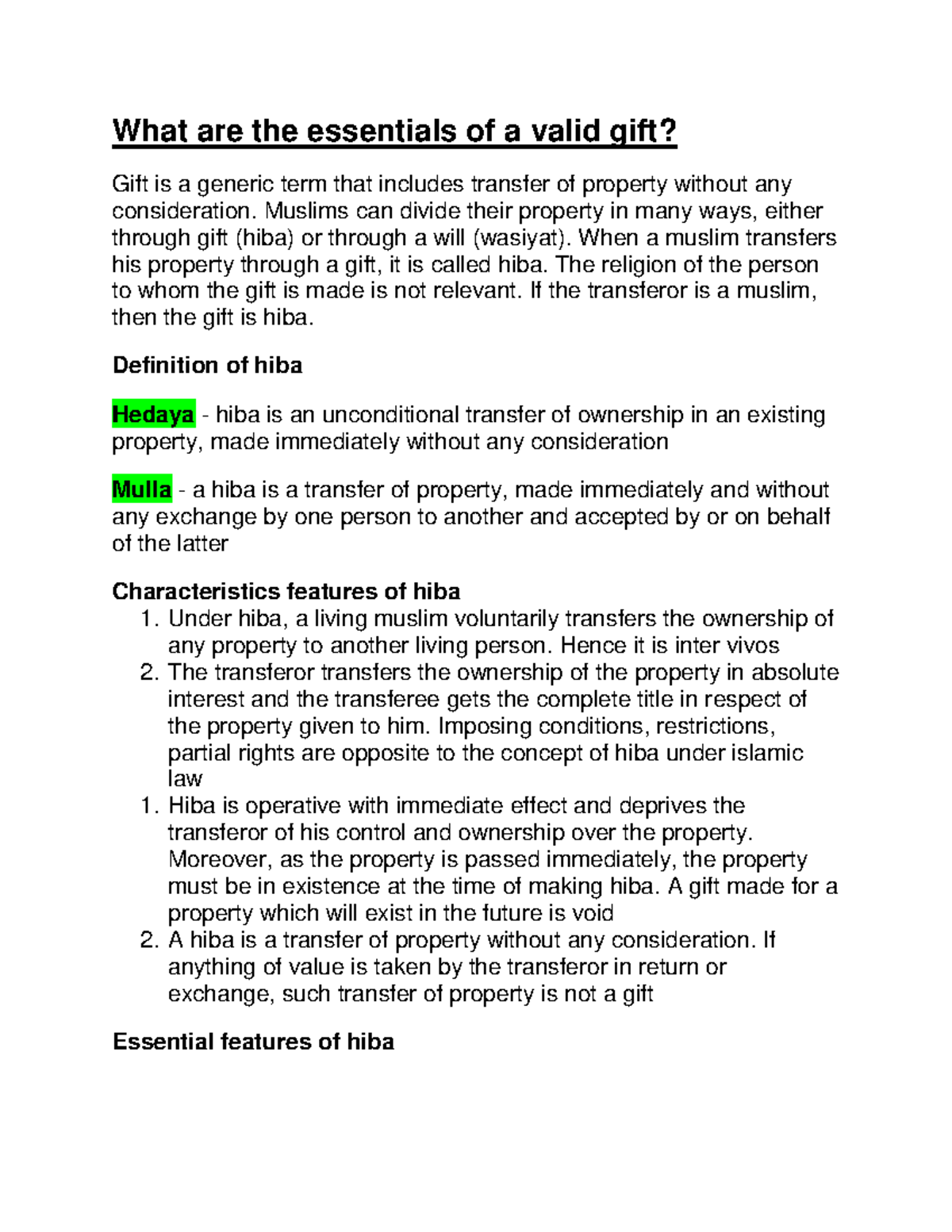 Muslim law - What are the essentials of a valid gift? Gift is a generic ...
