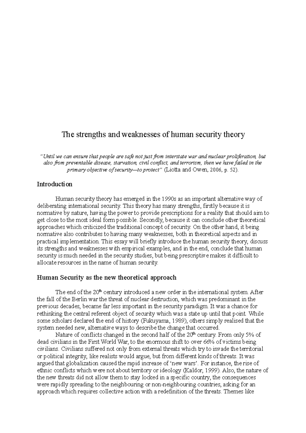 The strengths and weakness of human security theory - POLITIC5087 - Studocu