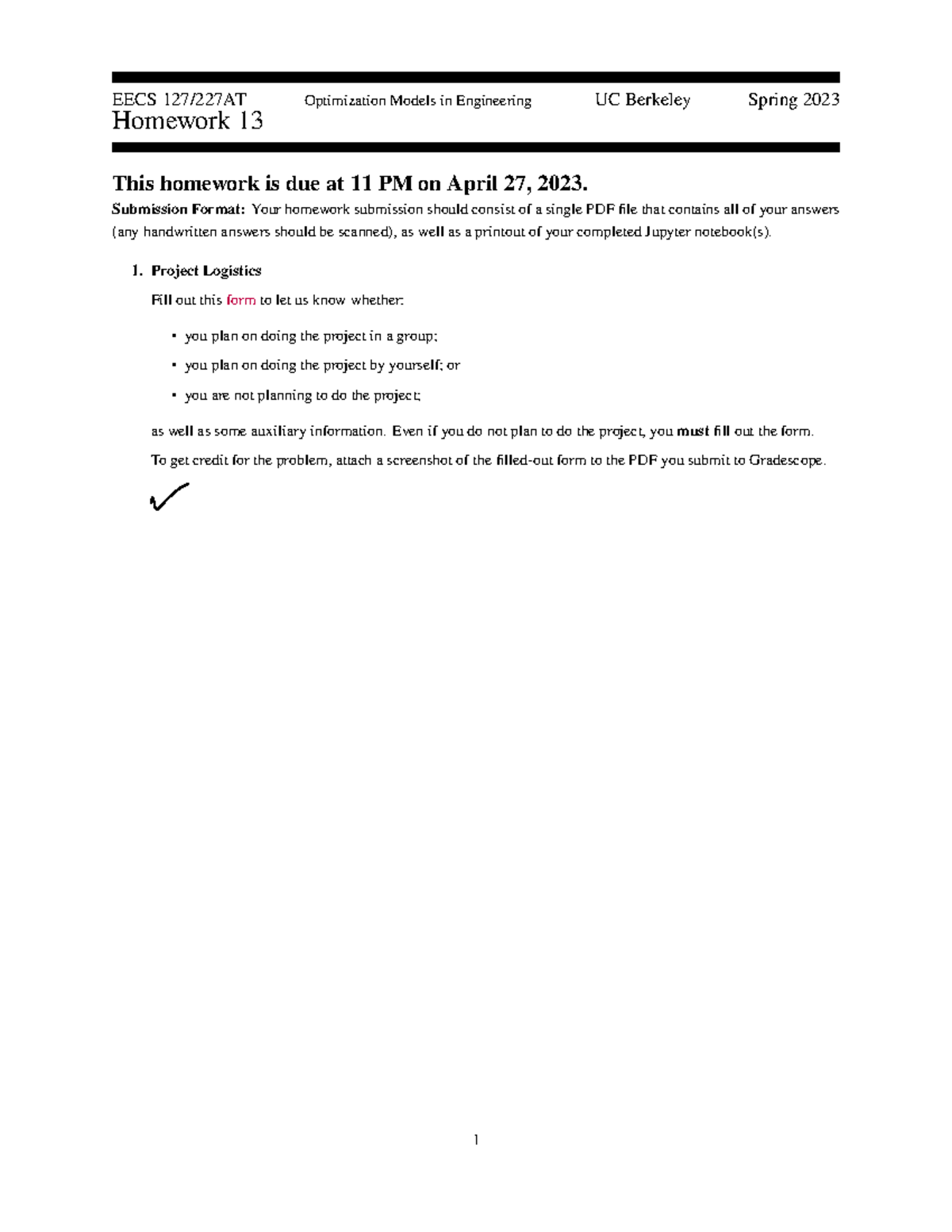 Hw13 Prob Hw Problem Eecs 127227at Optimization Models In Engineering Uc Berkeley Spring