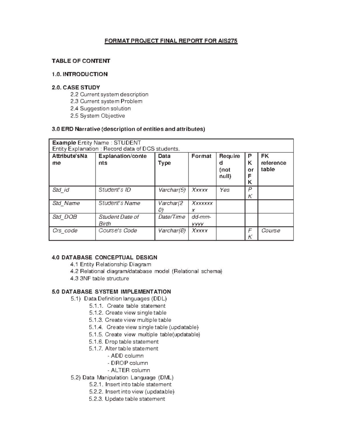 AIS275 Project Brief - FORMAT PROJECT FINAL REPORT FOR AIS TABLE OF ...