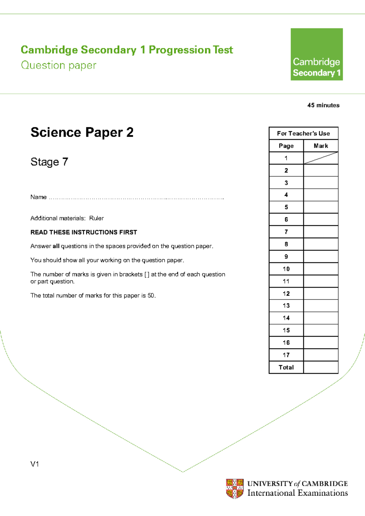 Secondary Progression Test Stage 7 Science Paper 2 - P110/02/A/M/ 45 ...