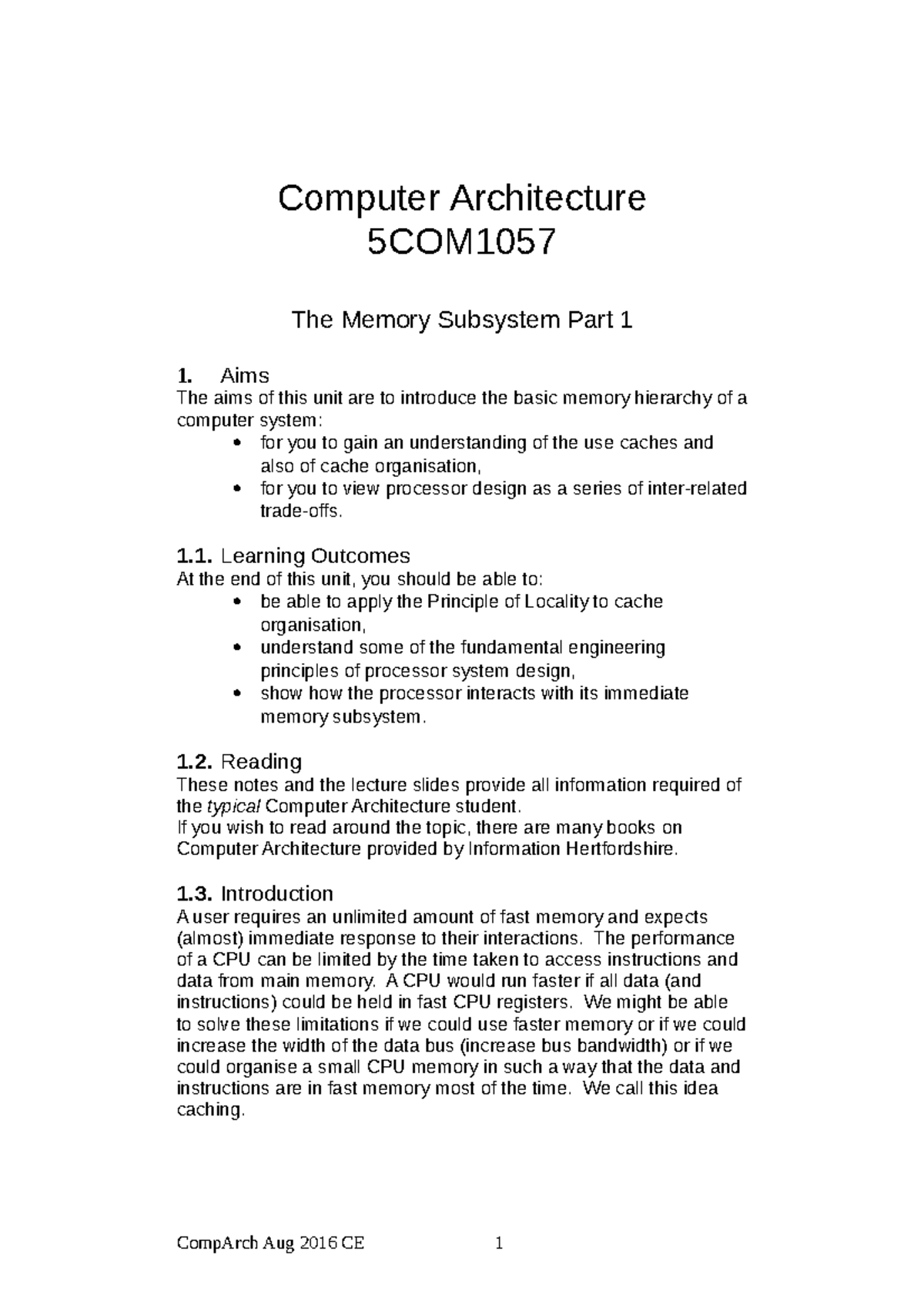 Comp Arch Notes part 2 - very useful - Computer Architecture 5COM The ...
