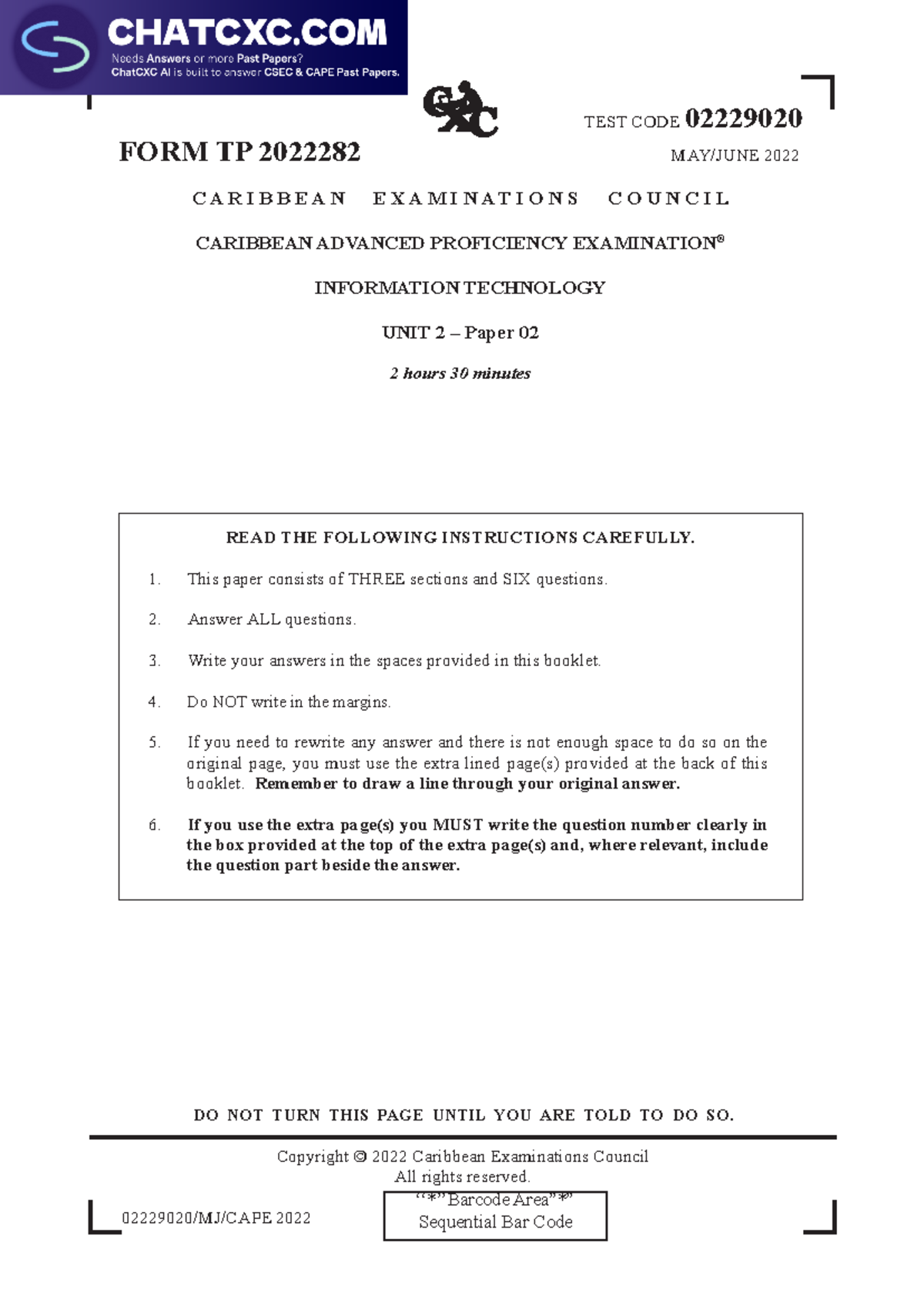 CAPE Information Technology U2 P2 2022 - ‘‘’’Barcode Area”” TEST CODE ...