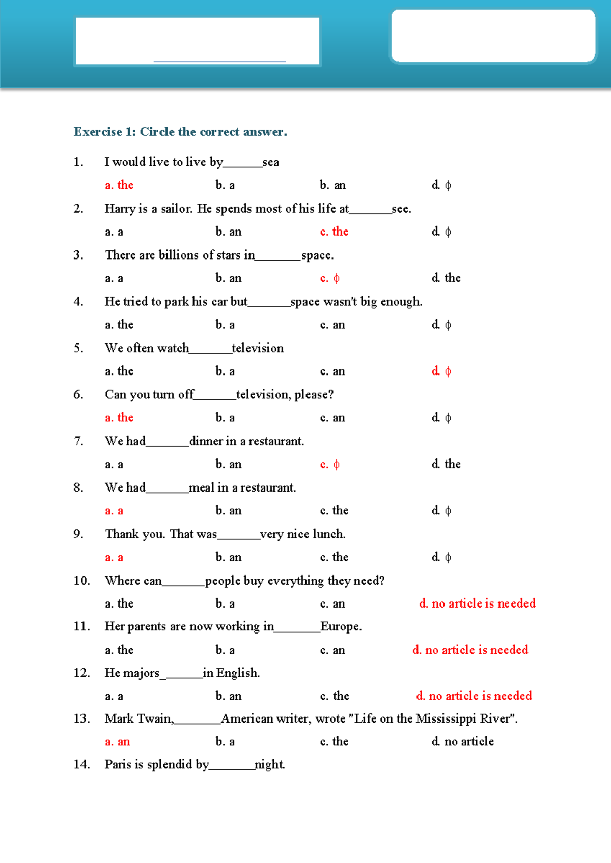 Article- Worksheet 1 key - Date: WORKSHEET EASY ARTICLE Exercise 1 ...