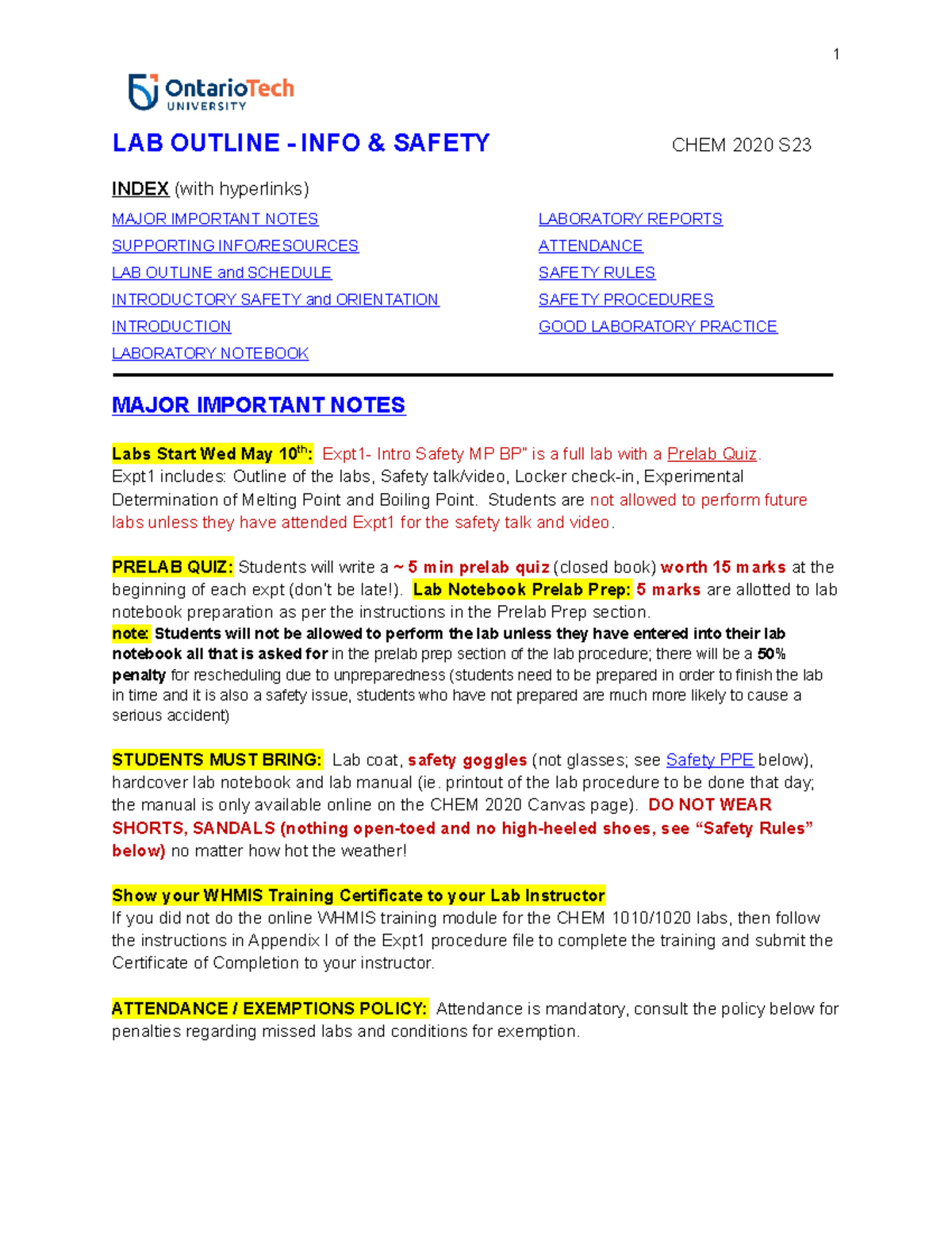 Lab Outline Info Safety 2020 S23 - LAB OUTLINE - INFO & SAFETY CHEM ...