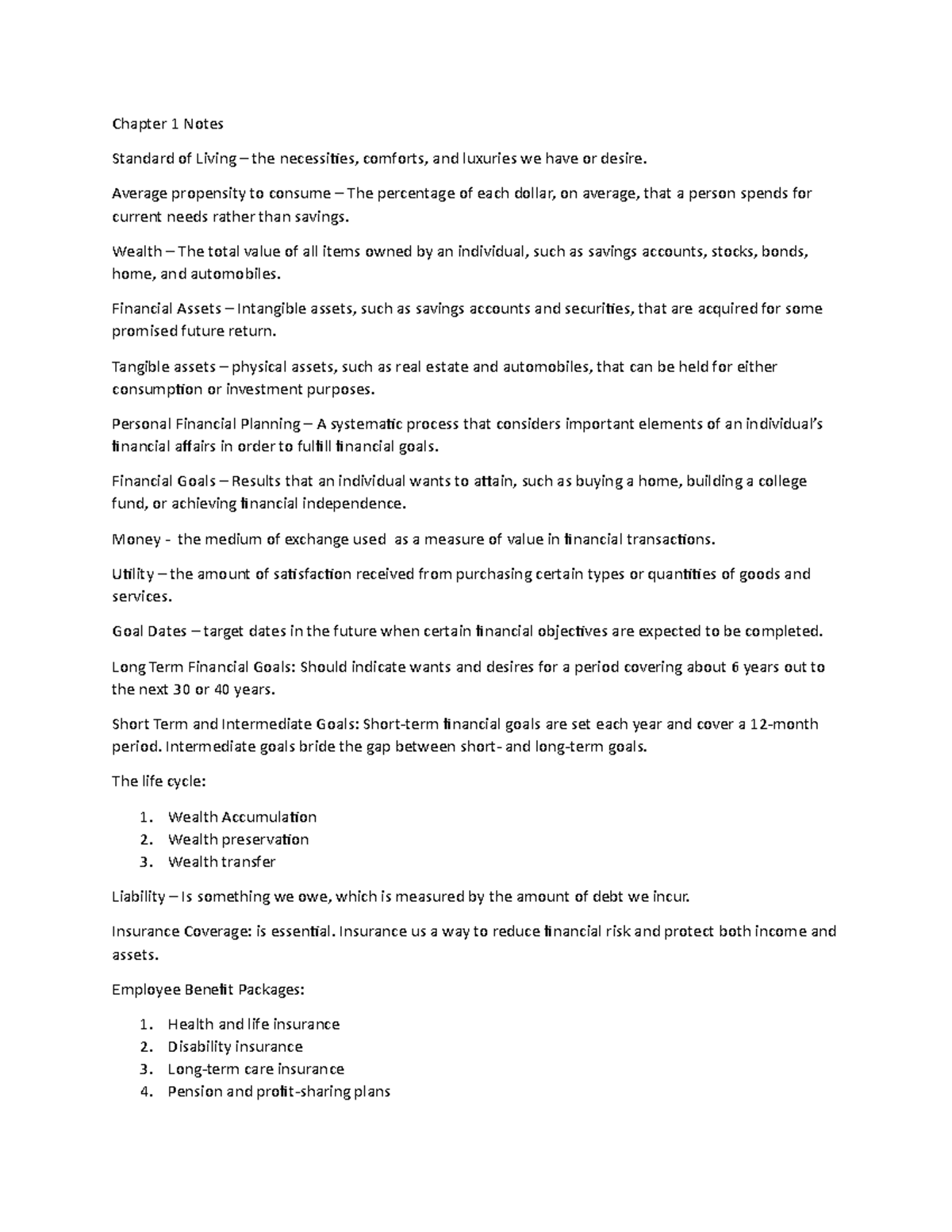 CH 1 Personal Finance Notes - Chapter 1 Notes Standard of Living – the ...