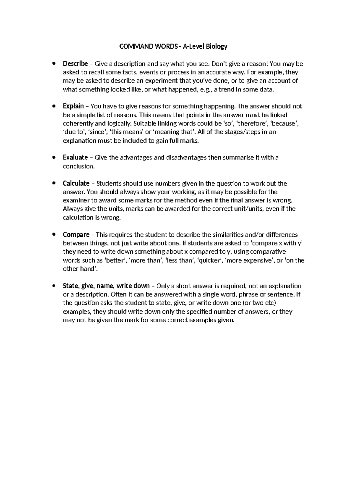Biology Command Words - COMMAND WORDS - A-Level Biology Describe – Give ...