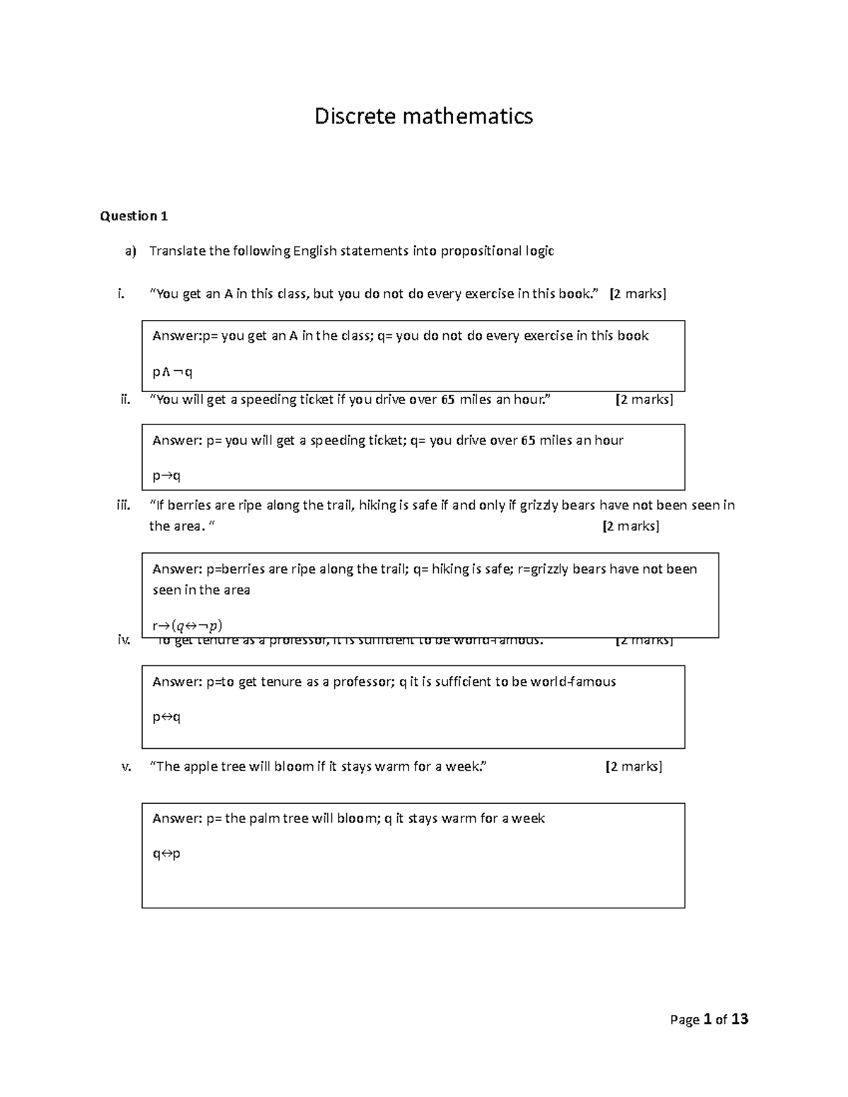 Discrete mathematics quiz - Discrete mathematics Question 1 a ...