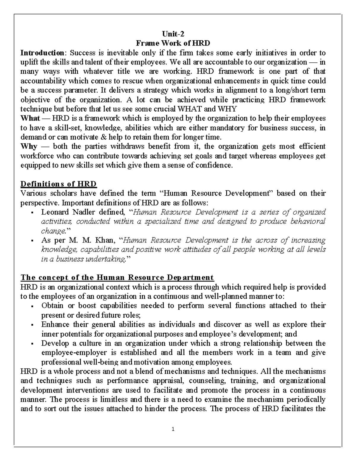 HRD-U-2 - Good - Unit- Frame Work of HRD Introduction: Success is ...