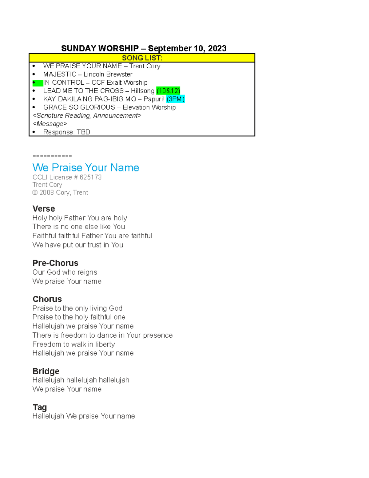 Sept 10, 2023 Sunday Lyrics - SUNDAY WORSHIP – September 10, 2023 SONG ...