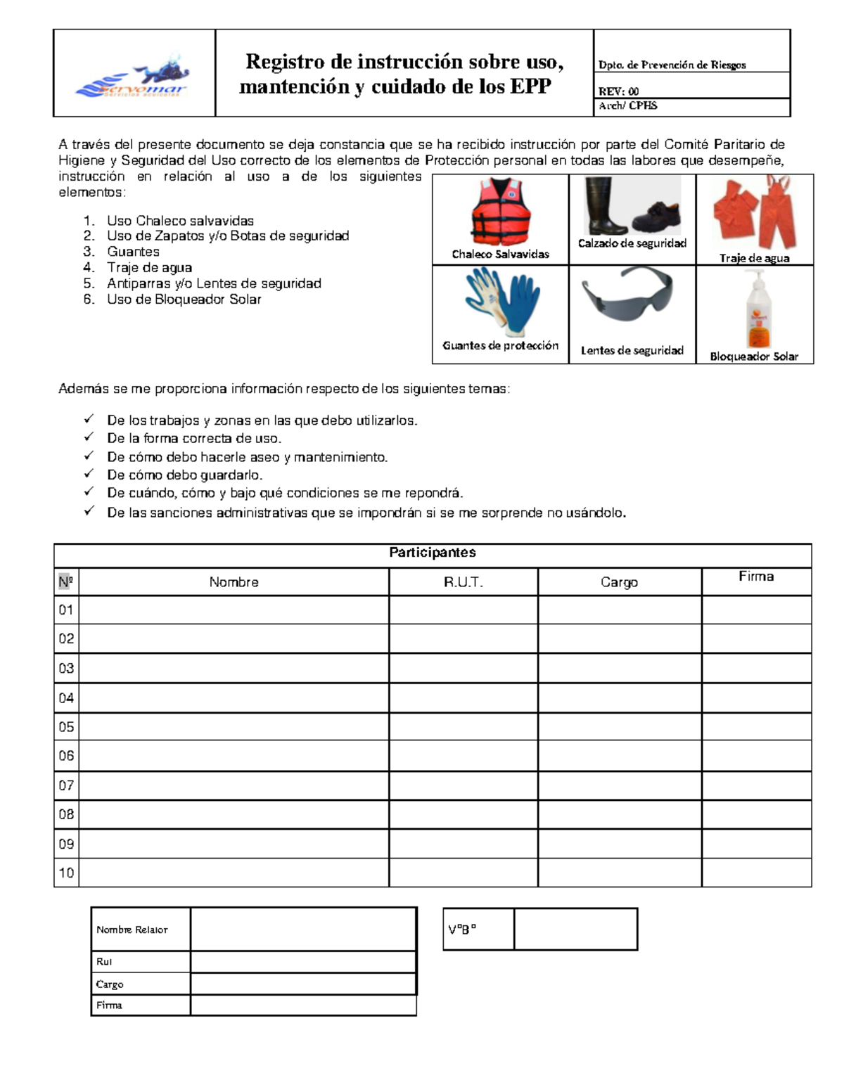 REGISTRO CUIDADO EPP - Registro de instrucción sobre uso, mantención y cuidado de los EPP Dpto ...