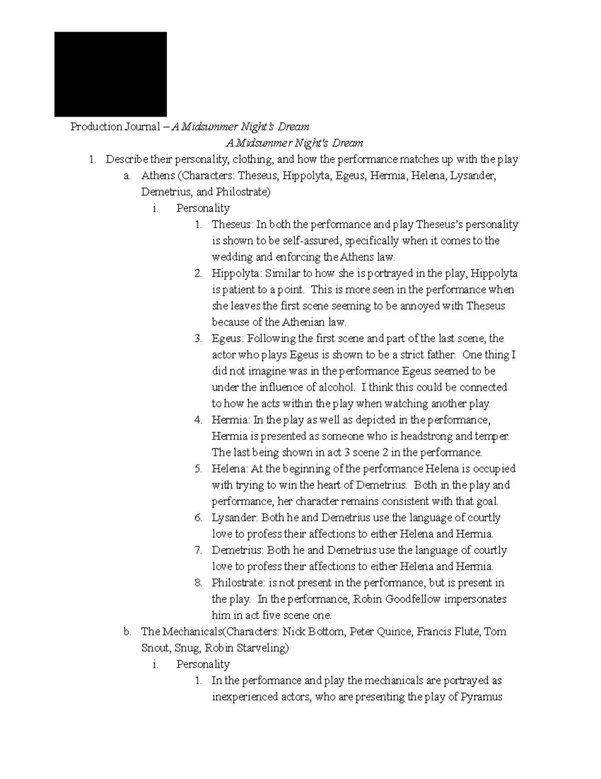 Midsummer Nights Dream Journal Production - Cindy Zak English 35200 ...