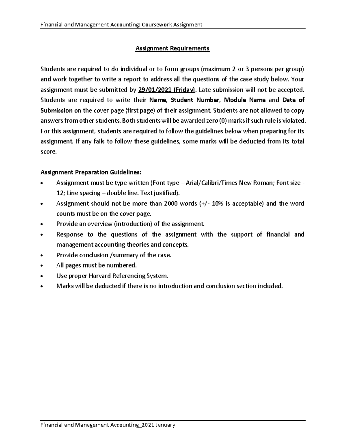 FMA Assignment 2021 January - Financial and Management Accounting: Coursework Assignment ...