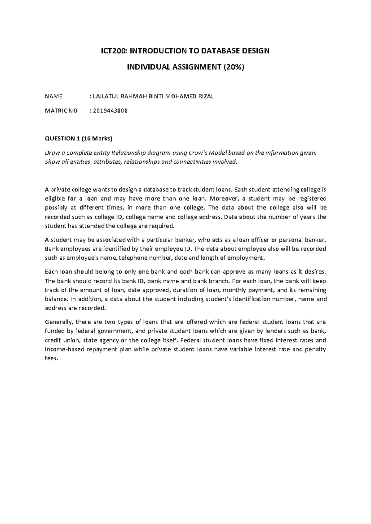 Database Design Individual Assignments - ICT200: INTRODUCTION TO ...