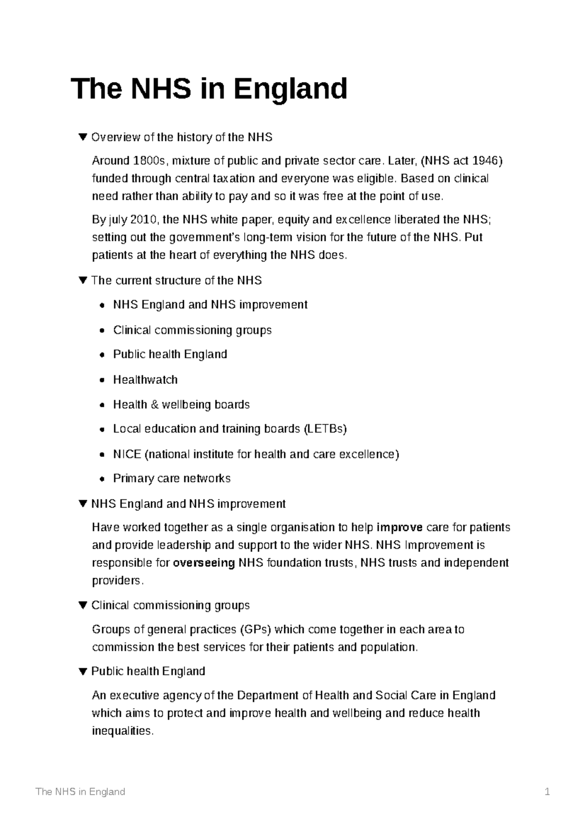 The NHS in England notes - The NHS in England 1 The NHS in England ...