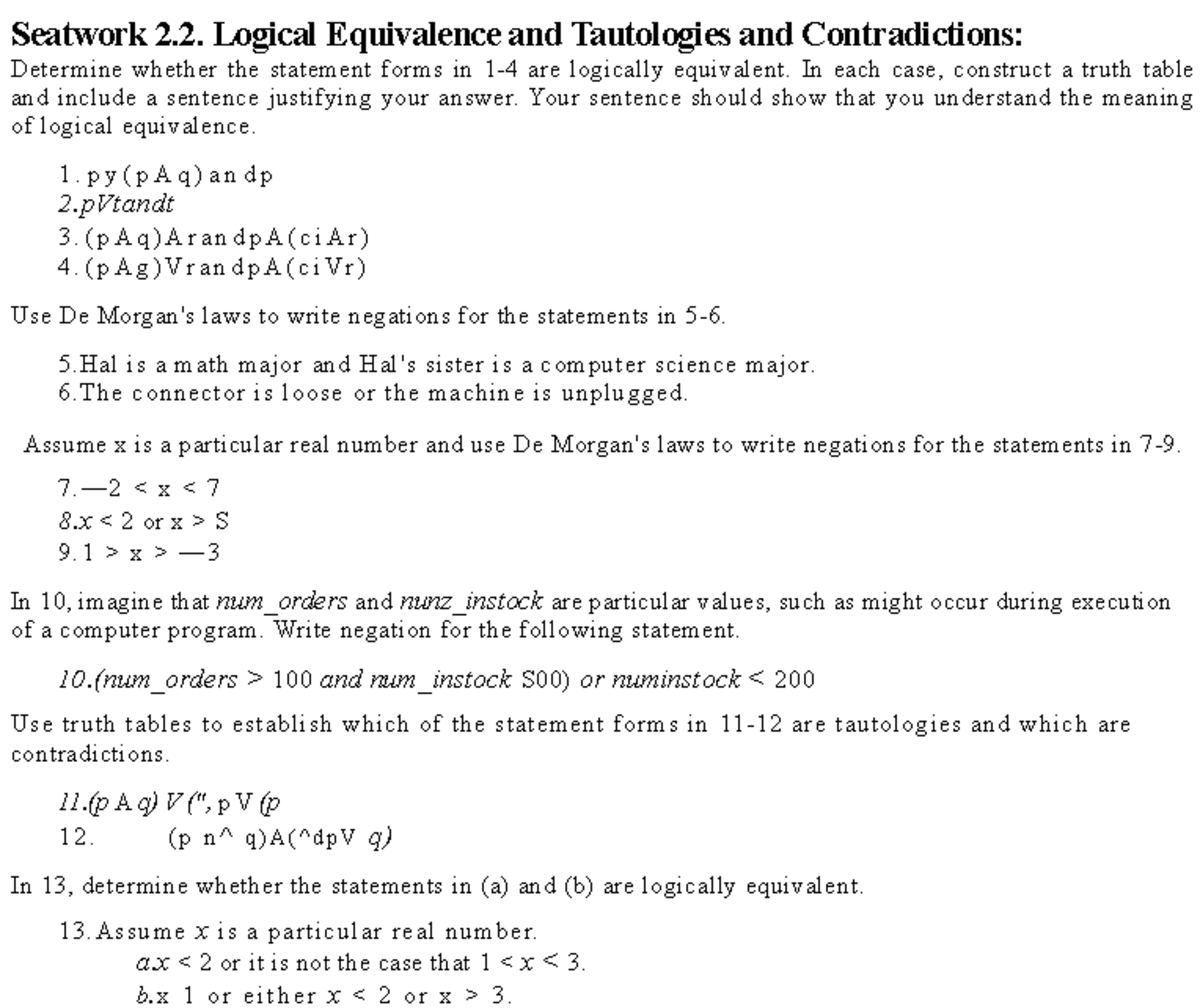 Logical Equivalence and Tautologies and Contradictions - Seatwork 2 ...