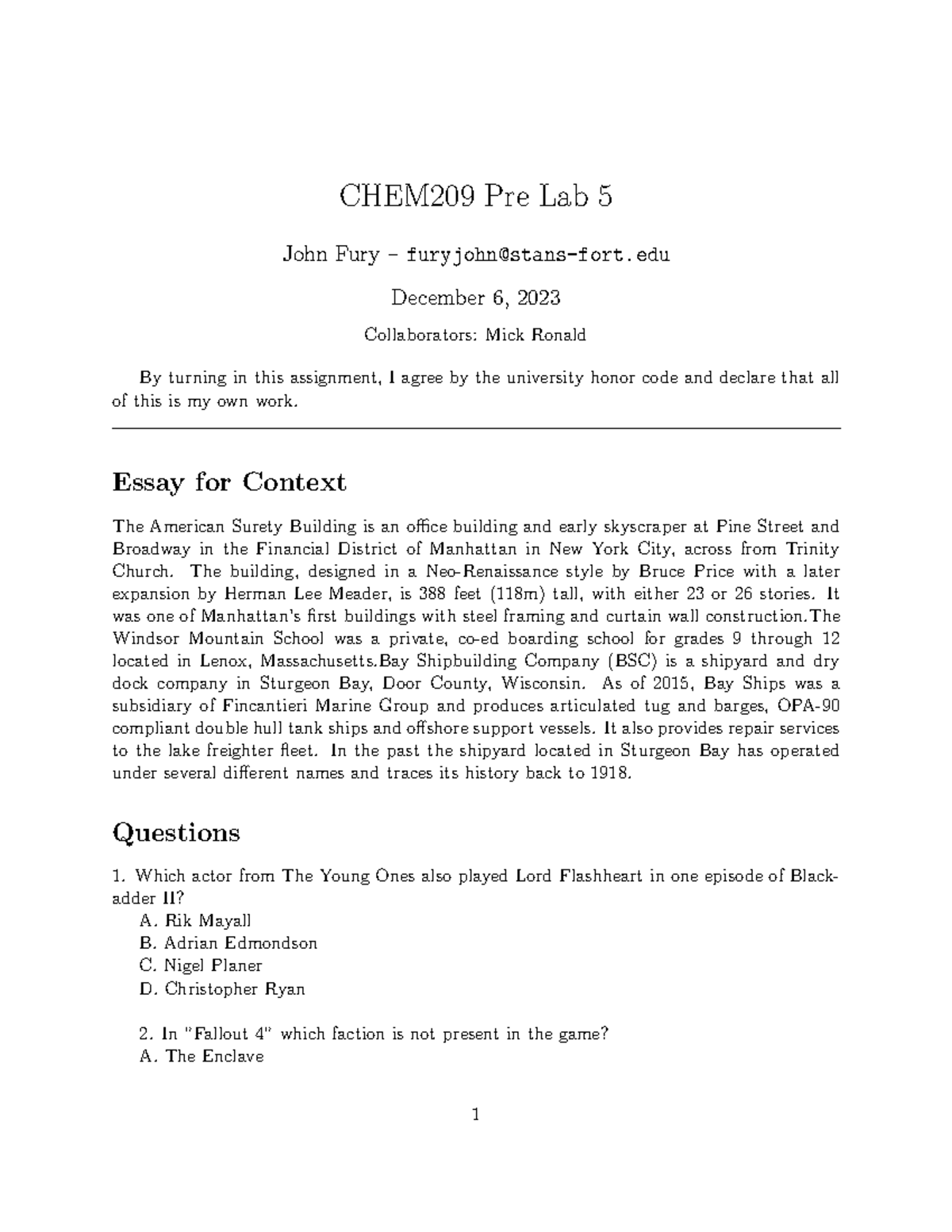 CHEM209 Pre Lab 5 - Basic chemical concepts. Atomic and molecular ...