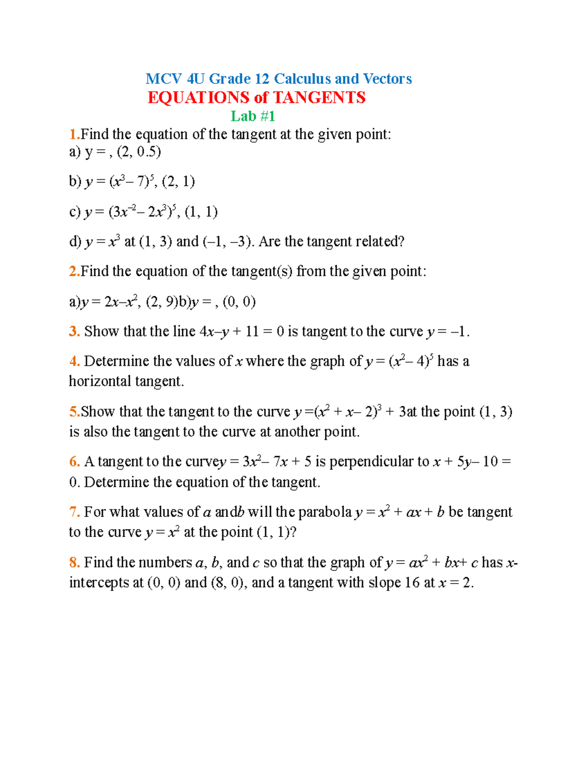 Lab #1 (6) - elementary derivatives - MCV 4U Grade 12 Calculus and ...