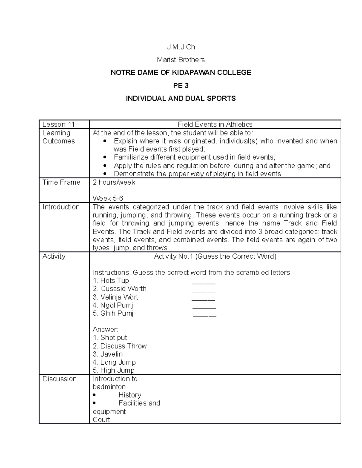 Lesson 11 - Jump Events - J.M Ch Marist Brothers NOTRE DAME OF ...