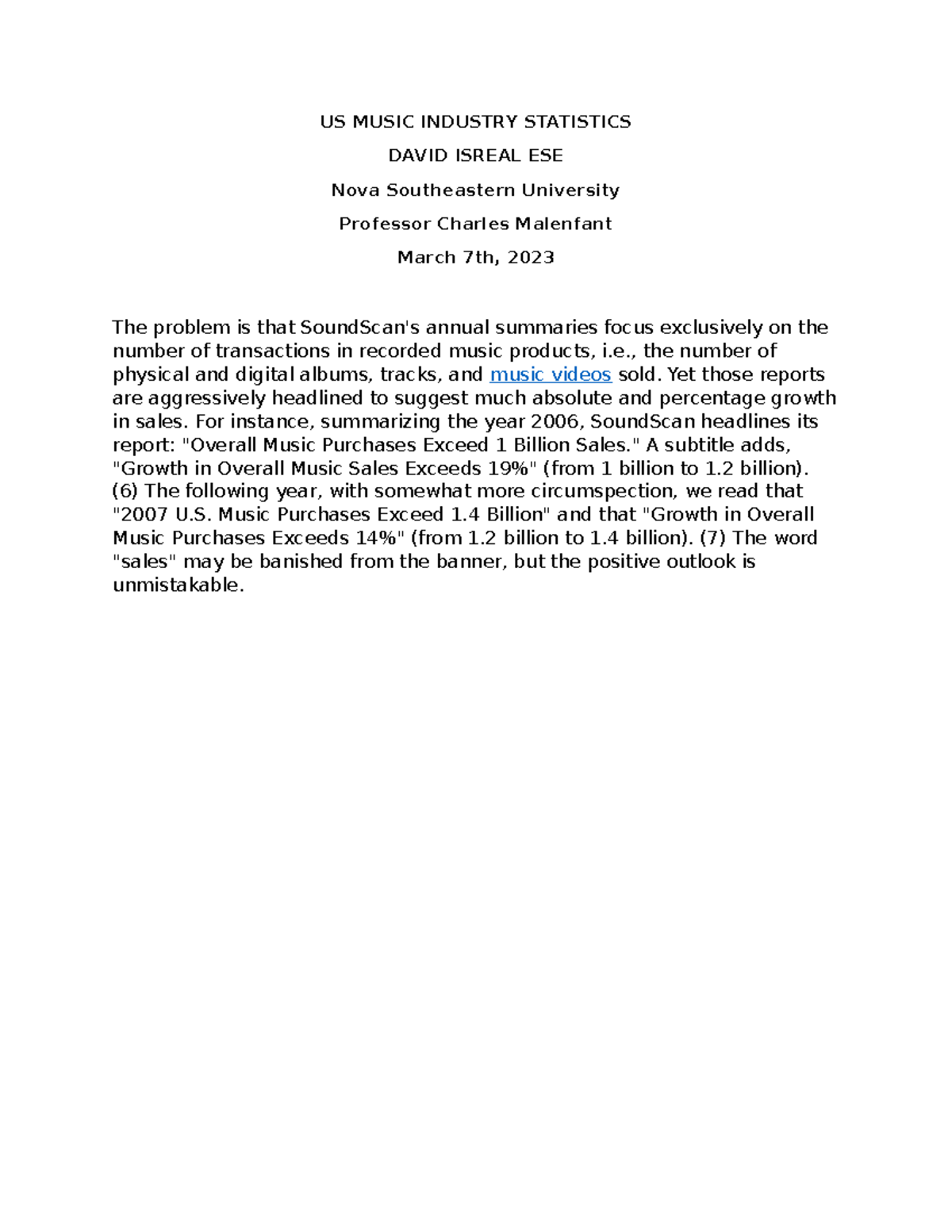 A2 research paper - US MUSIC INDUSTRY STATISTICS DAVID ISREAL ESE Nova ...