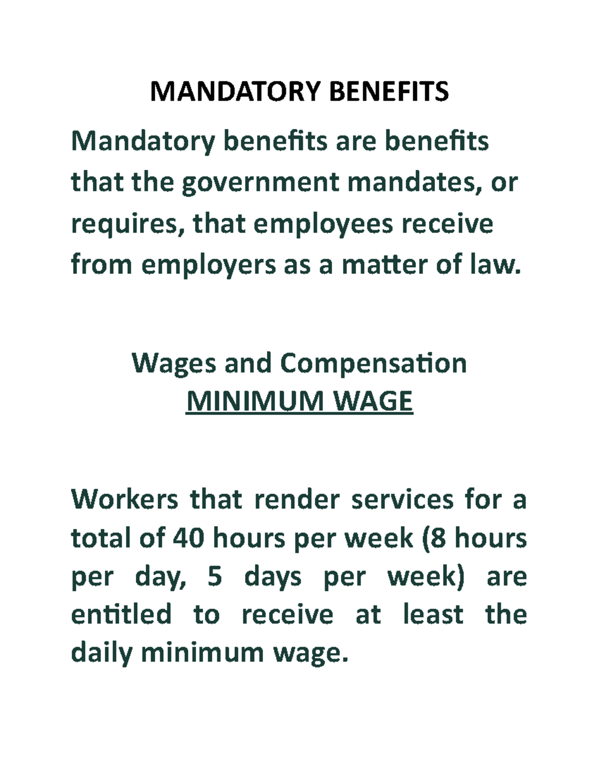 Mandatory Benefits (Notes I) - MANDATORY BENEFITS Mandatory benefits ...