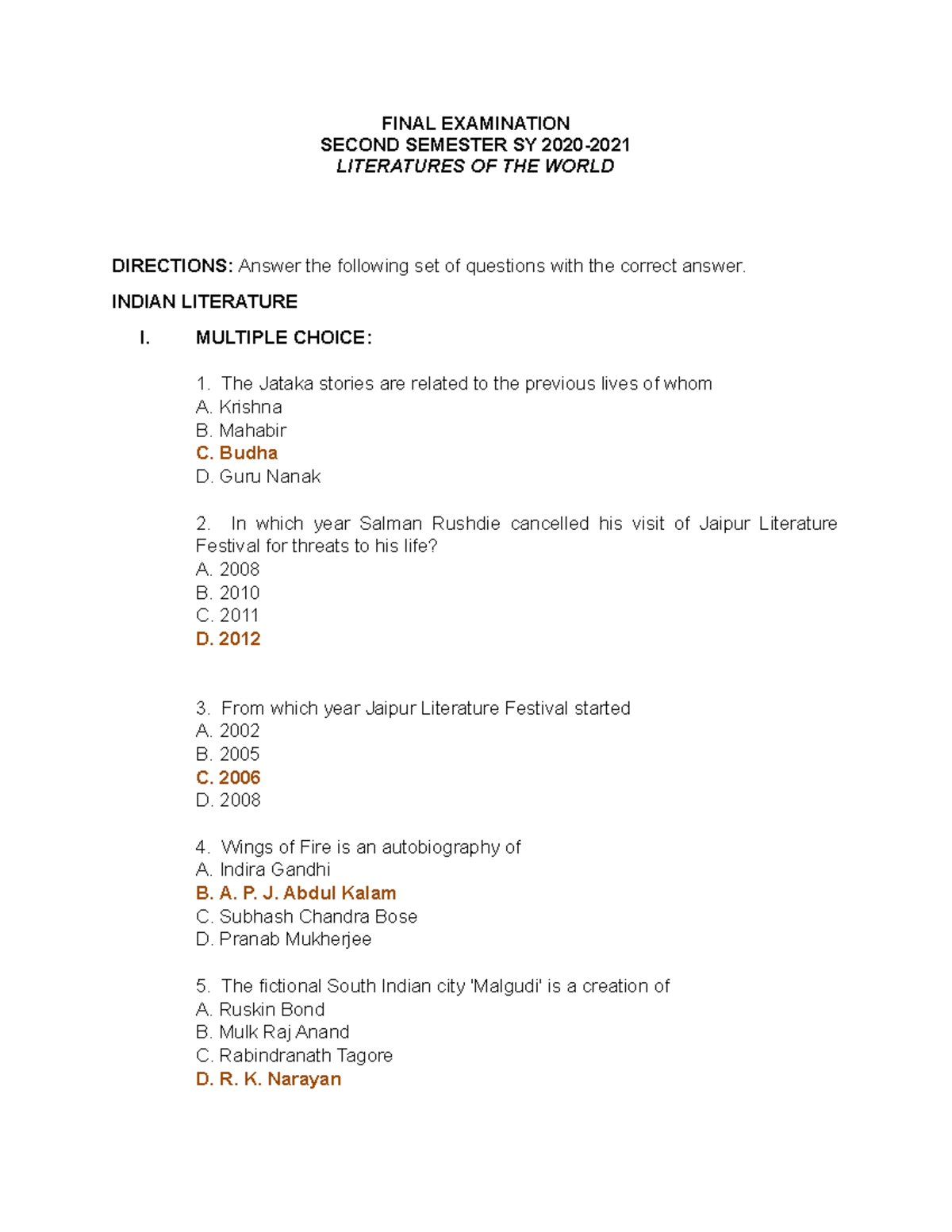 Final Examination :Literature of the World - FINAL EXAMINATION SECOND ...