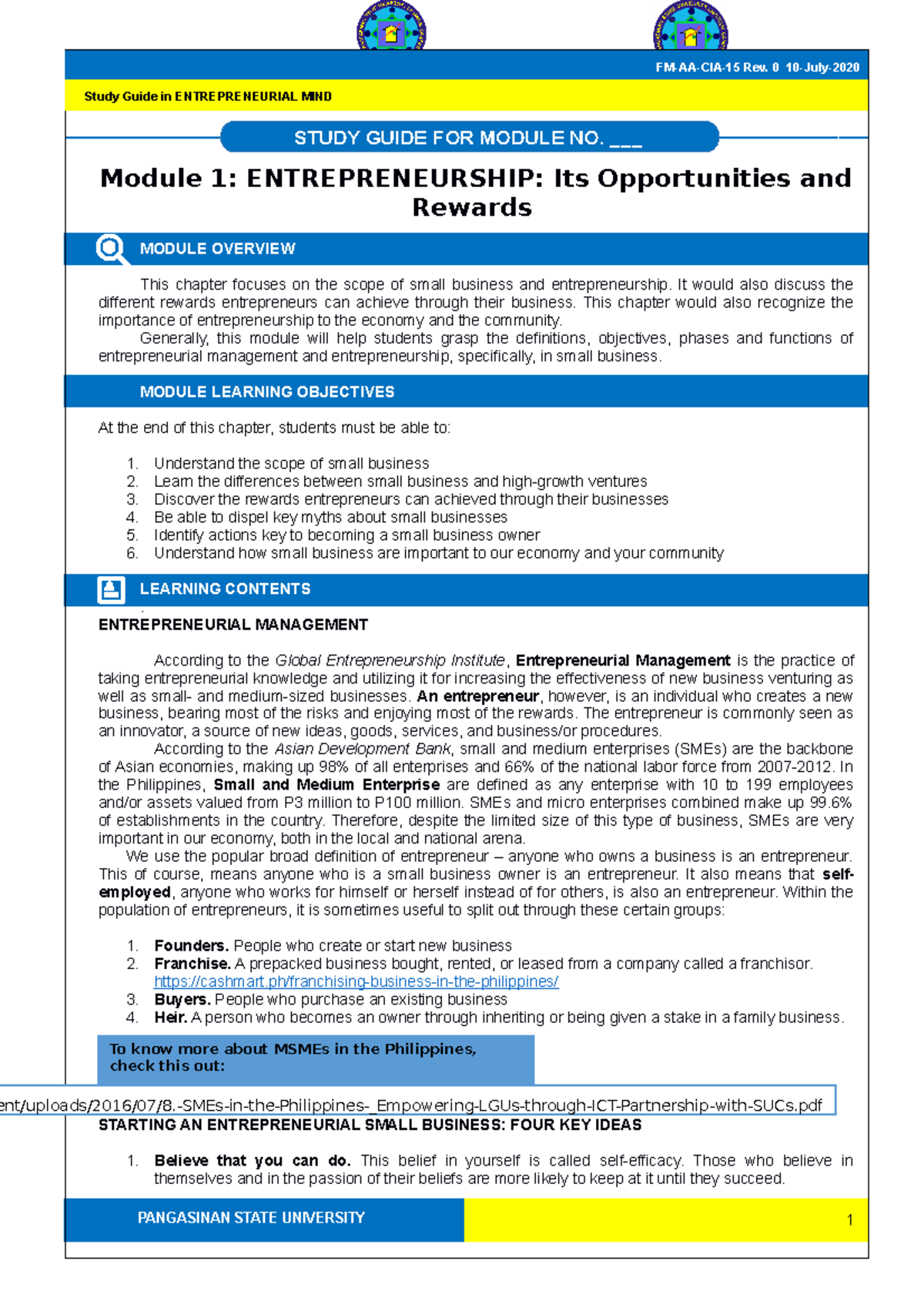 Module 1 Entrepreneurship Its Opportunities and Rewards ...