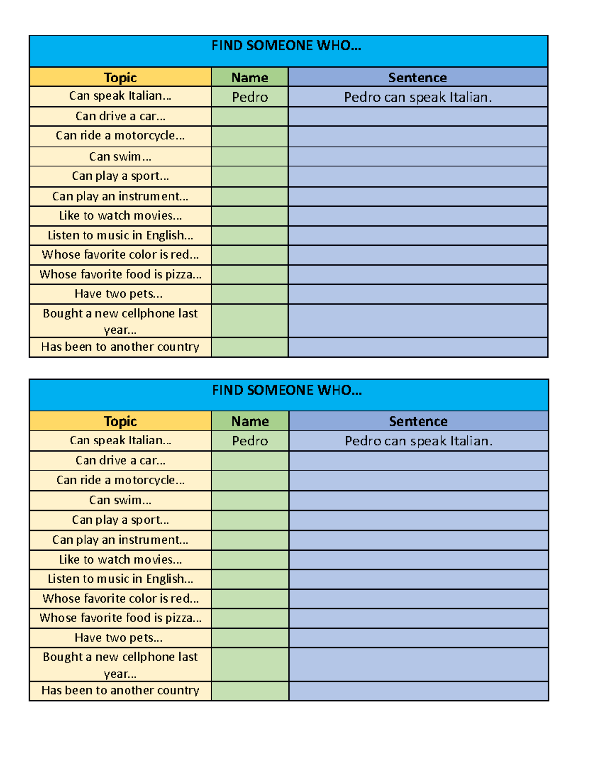 Find someone who mix - ask the questions - FIND SOMEONE WHO... Topic ...