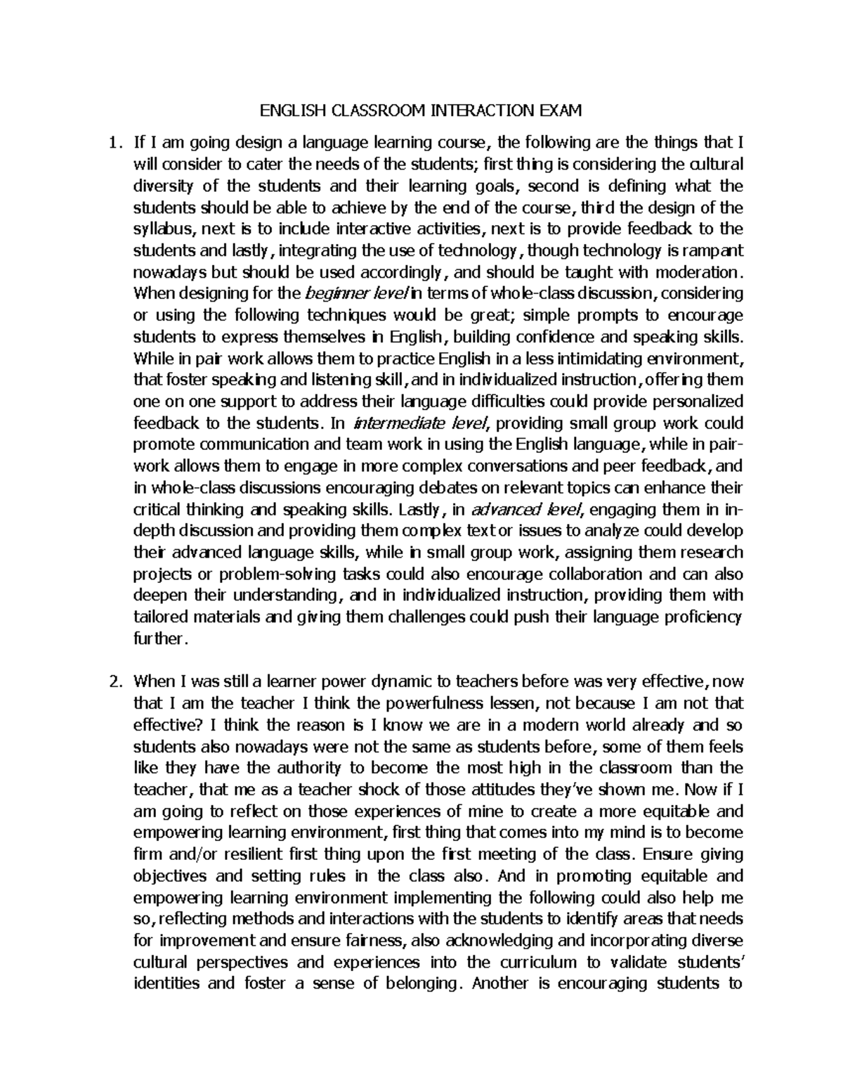 English Classroom Interaction EXAM - ENGLISH CLASSROOM INTERACTION EXAM ...