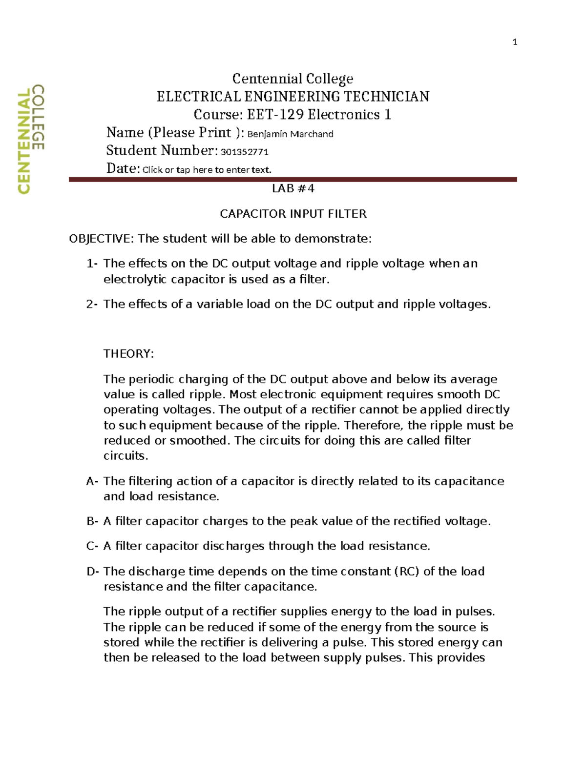 EET-129 LAB 4 Capacitor Input Filter-23W - Centennial College ...