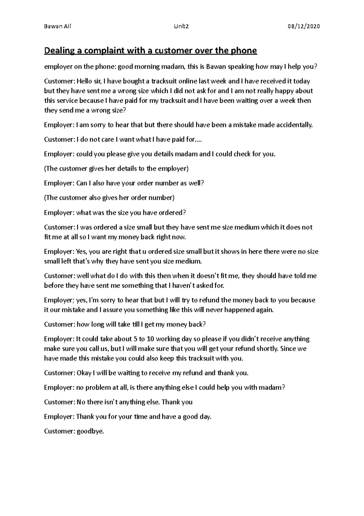 Dealing a complaint with a customer over the phone - Bawan Ali Unit2 08 ...