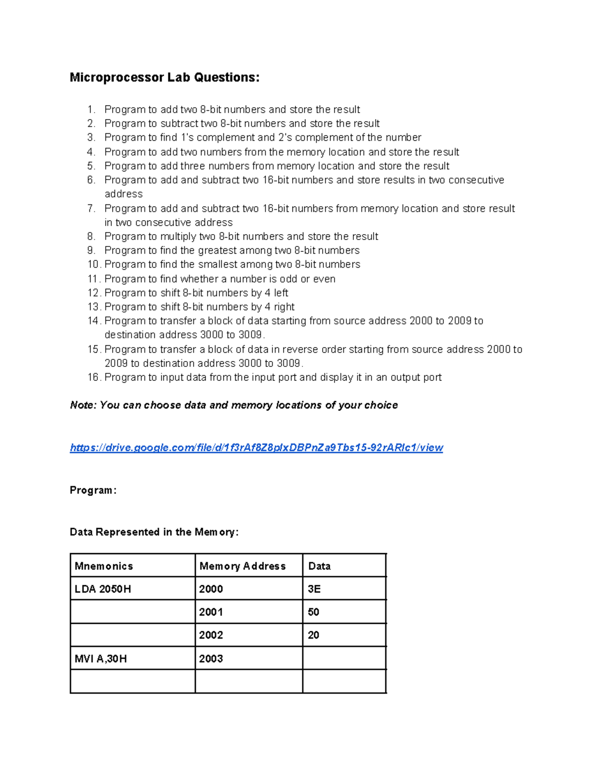 Microprocessor Lab Report Microprocessor Lab Questions 1 Program To