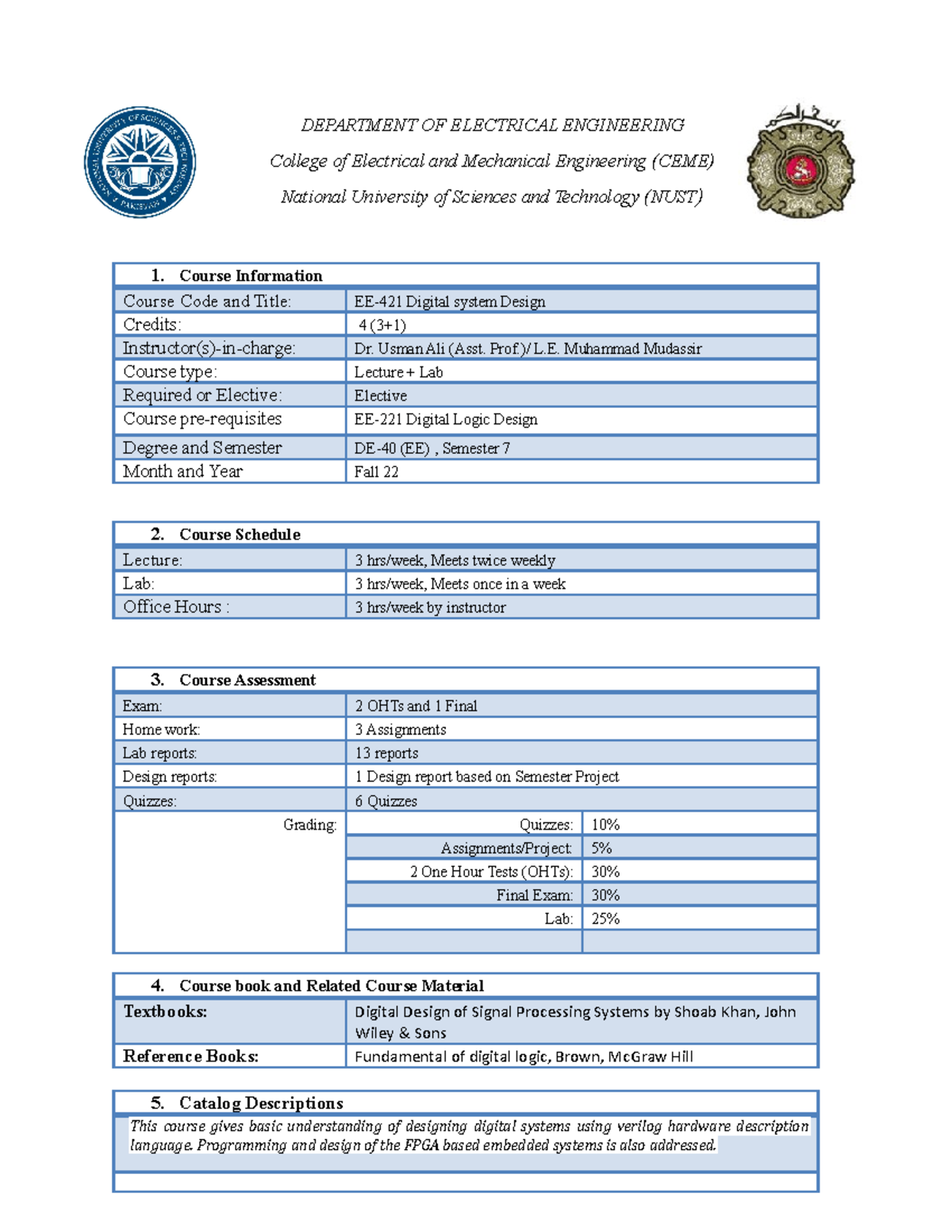 EE-421 DSD Course Outline - DEPARTMENT OF ELECTRICAL ENGINEERING College of Electrical and - Studocu