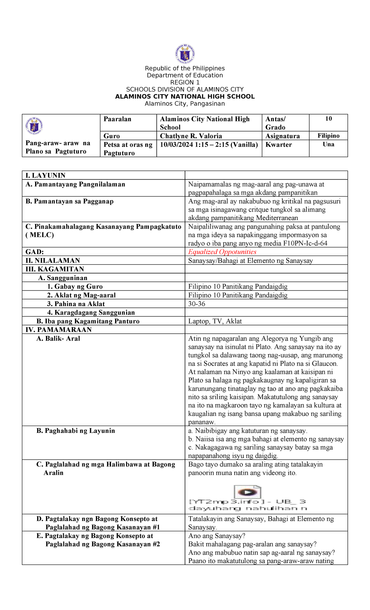 CO1 Filipino 10 - class observation - Republic of the Philippines ...