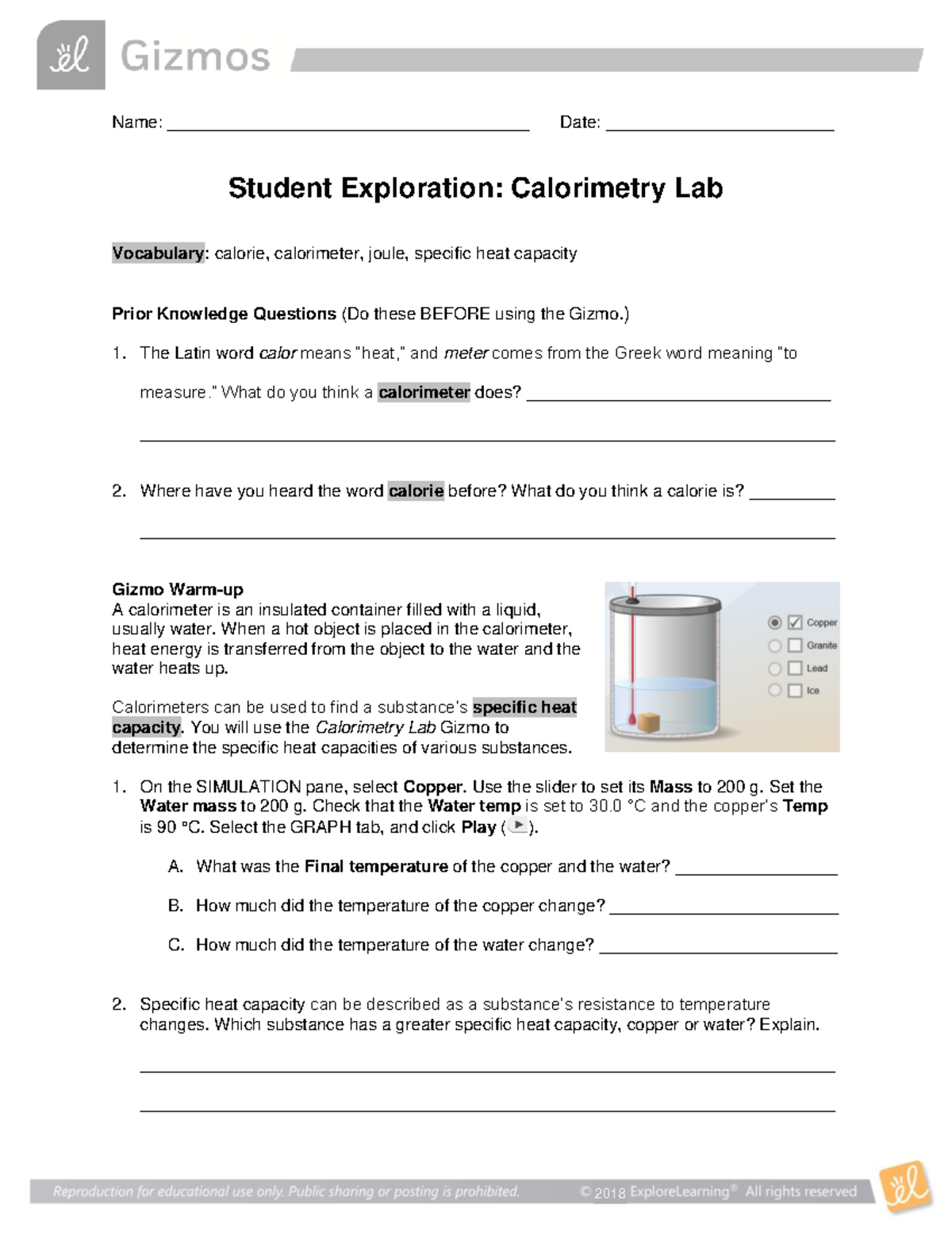 Calorimetry Lab - Chemistry Lab - Physique-chimie - Studocu
