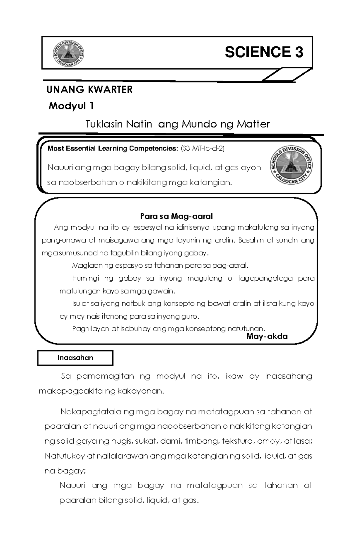 Science 3 Q1 Week 1 - aasd - UNANG KWARTER SCIENCE 3 Tuklasin Natin ang ...