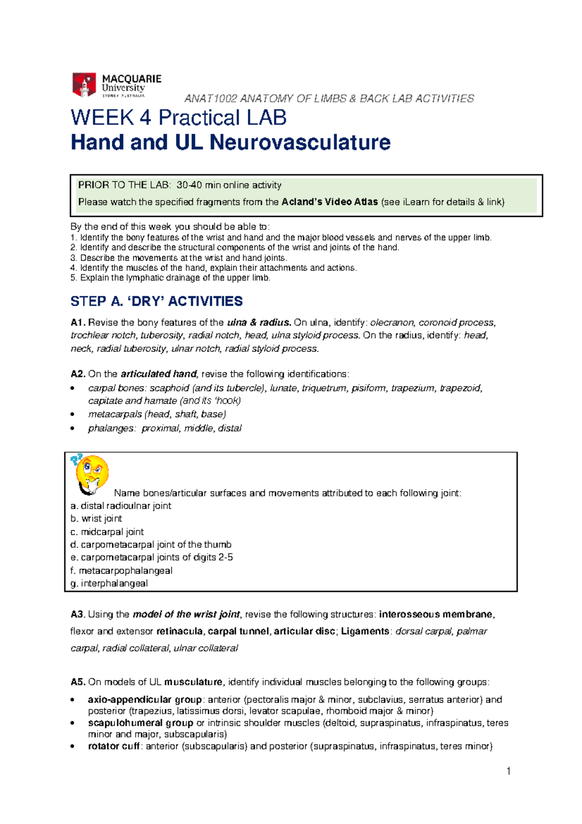 Lab3 week 3 practice practical exam 1 - ANAT1002 ANATOMY OF LIMBS ...