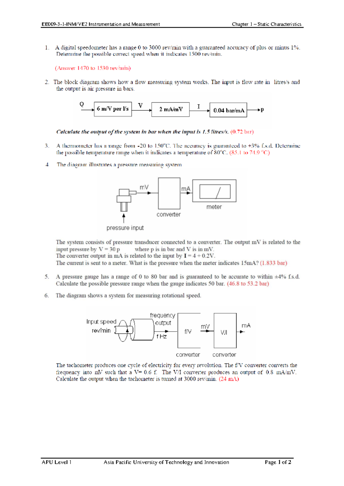 Tutorial Ch. 1 - Static Characteristics - Instruments and Measurements - EE009- 3 - 1 - INM/VE 2 ...