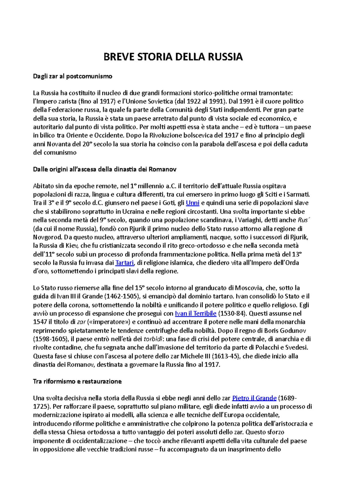 Breve Storia Della Russia - BREVE STORIA DELLA RUSSIA Dagli zar al ...