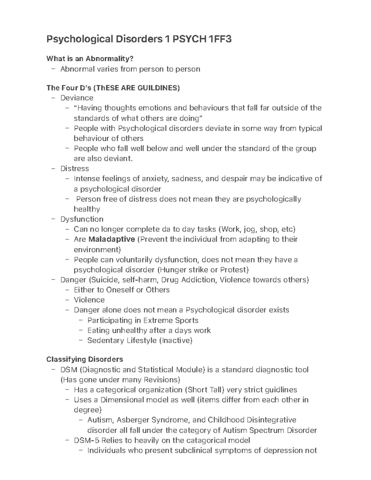 Psychological Disorders 1 Psych 1FF3