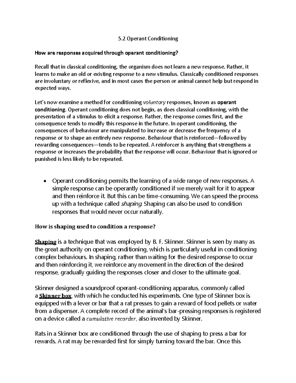 5.2 operant conditioning summary - psychology - 5 Operant Conditioning ...